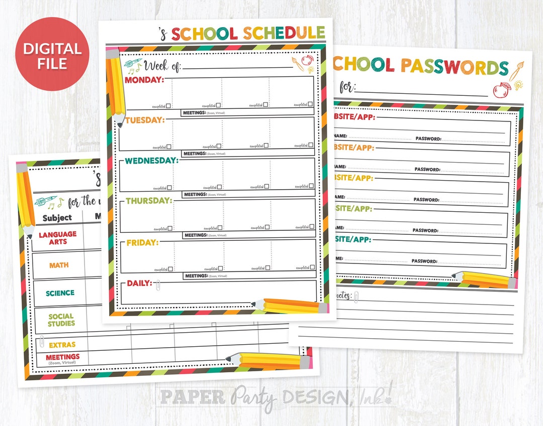 8.5" X 11" School Work Schedule Printable Set, Homeschool Assignment ...