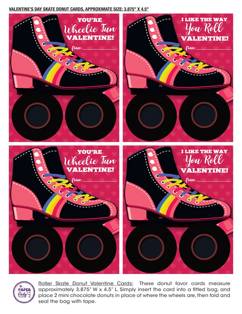 Valentine Roller Skate Donut Cards Skate Printable Valentine - Etsy
