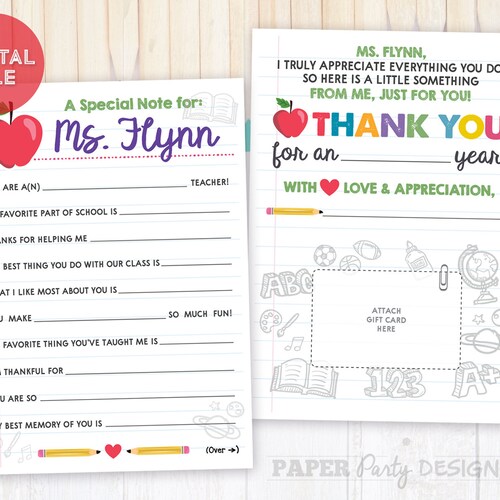 Virtual Teacher Appreciation Printable Thank You Note for - Etsy