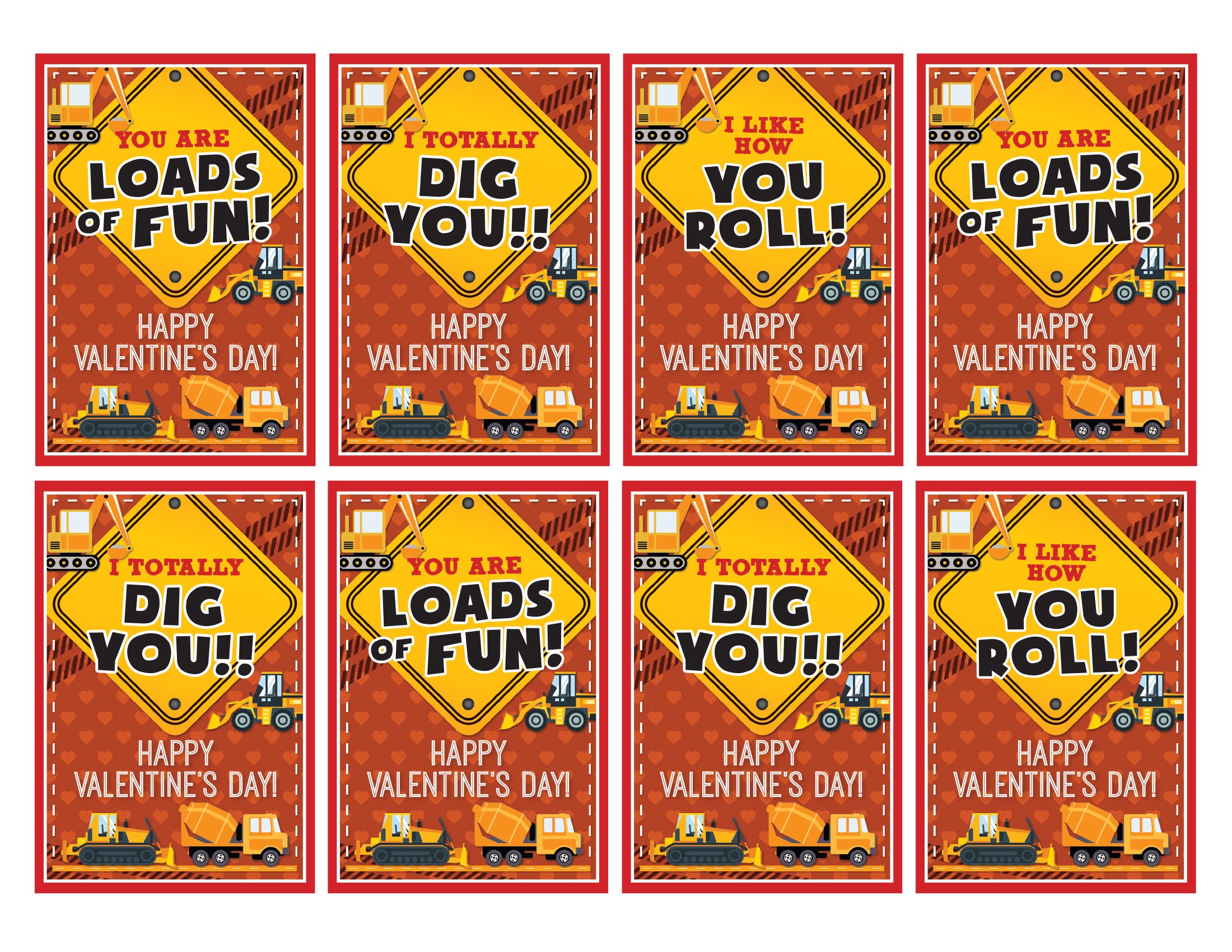 Printable Valentine's Day Construction Themed Cards, Construction Truck ...