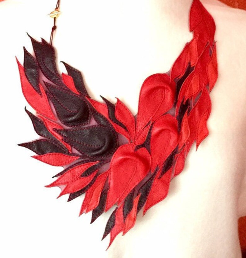 Red Purple Leather Bib Necklace, Flowers Embroidery Jewelry - Etsy