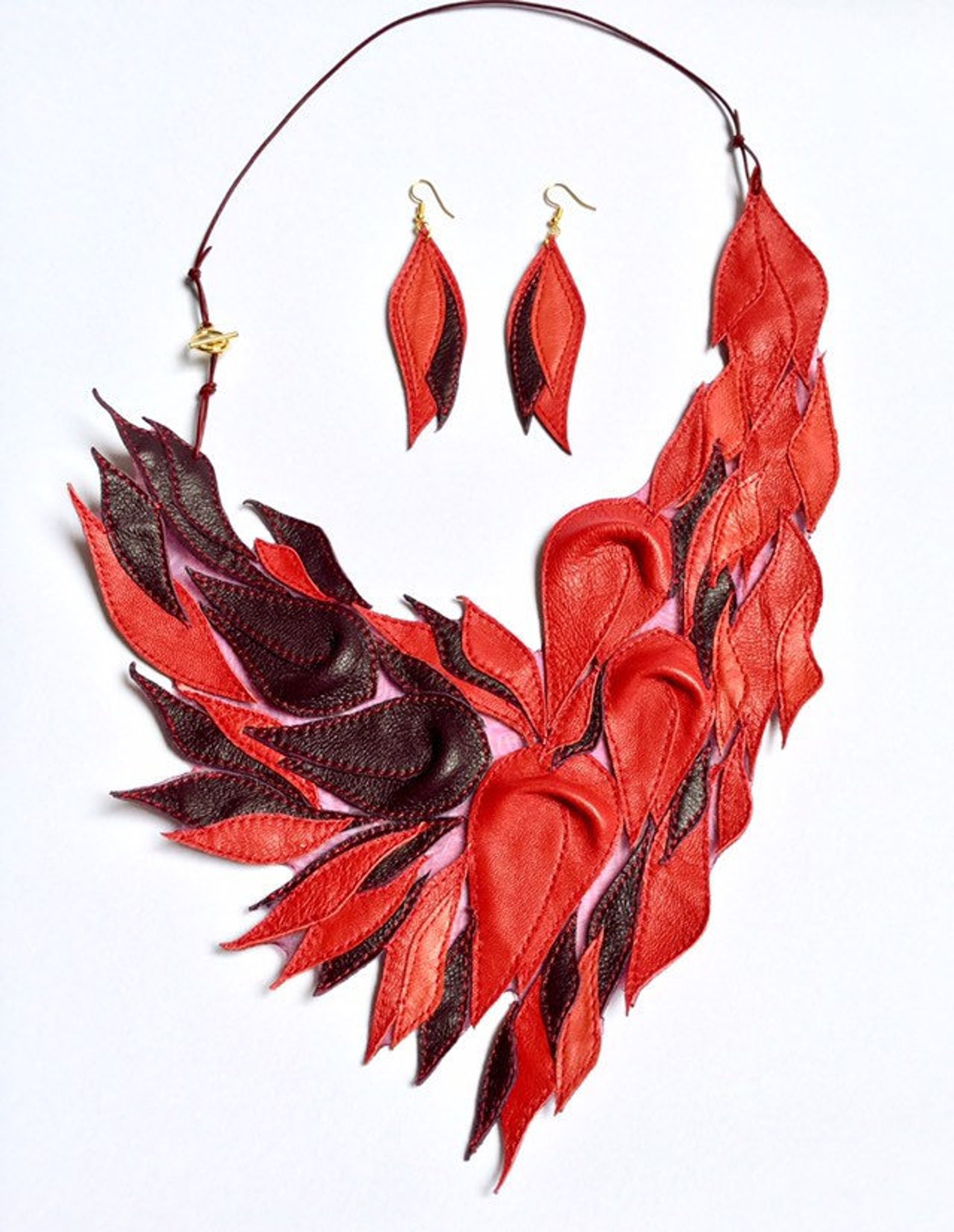 Red Purple Leather Bib Necklace, Flowers Embroidery Jewelry - Etsy