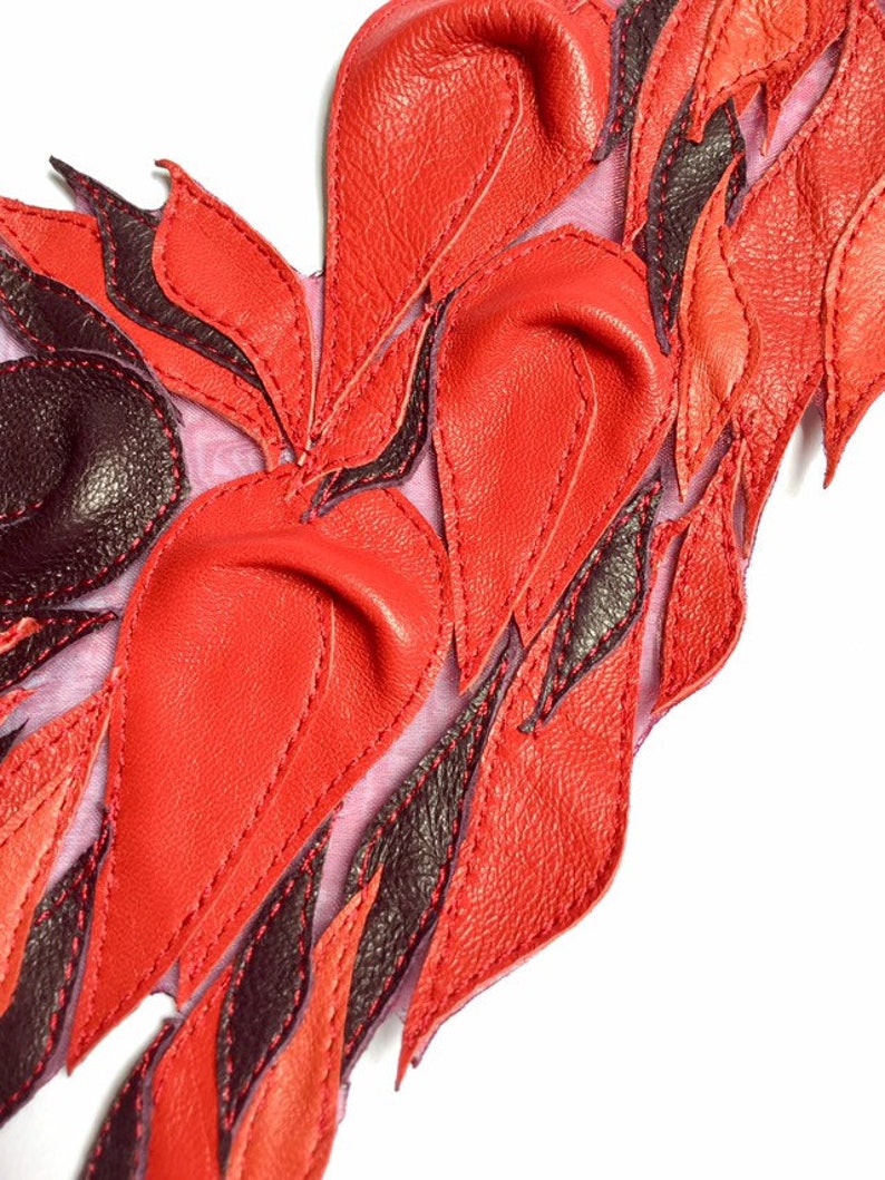 Red Purple Leather Bib Necklace, Flowers Embroidery Jewelry - Etsy