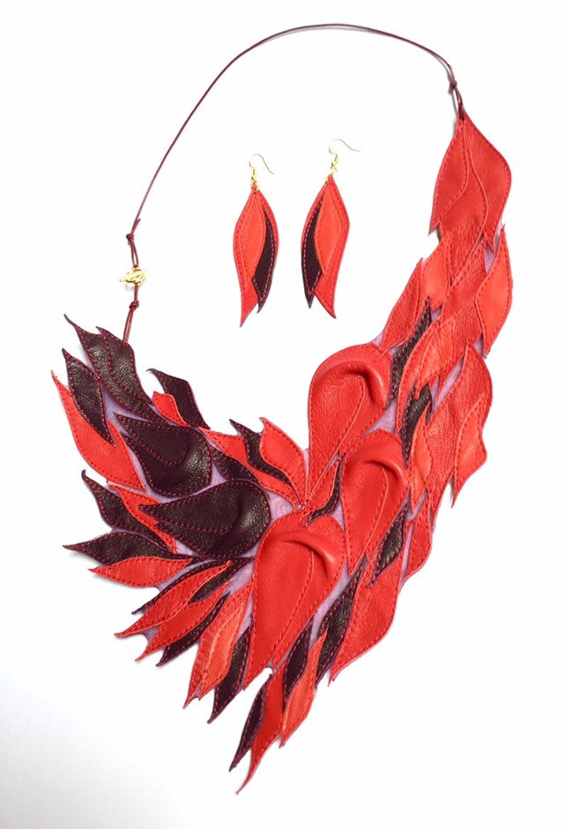 Red Purple Leather Bib Necklace, Flowers Embroidery Jewelry - Etsy