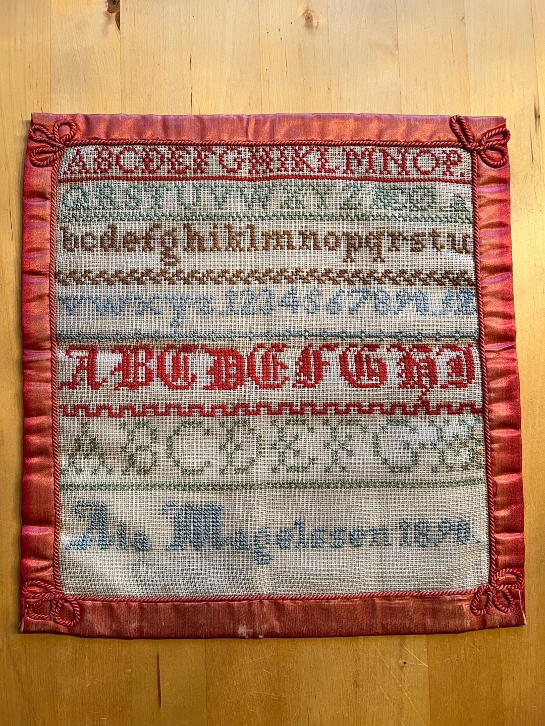Original Antique Sampler 1890 With Red Satin Trim and Backing Antique ...