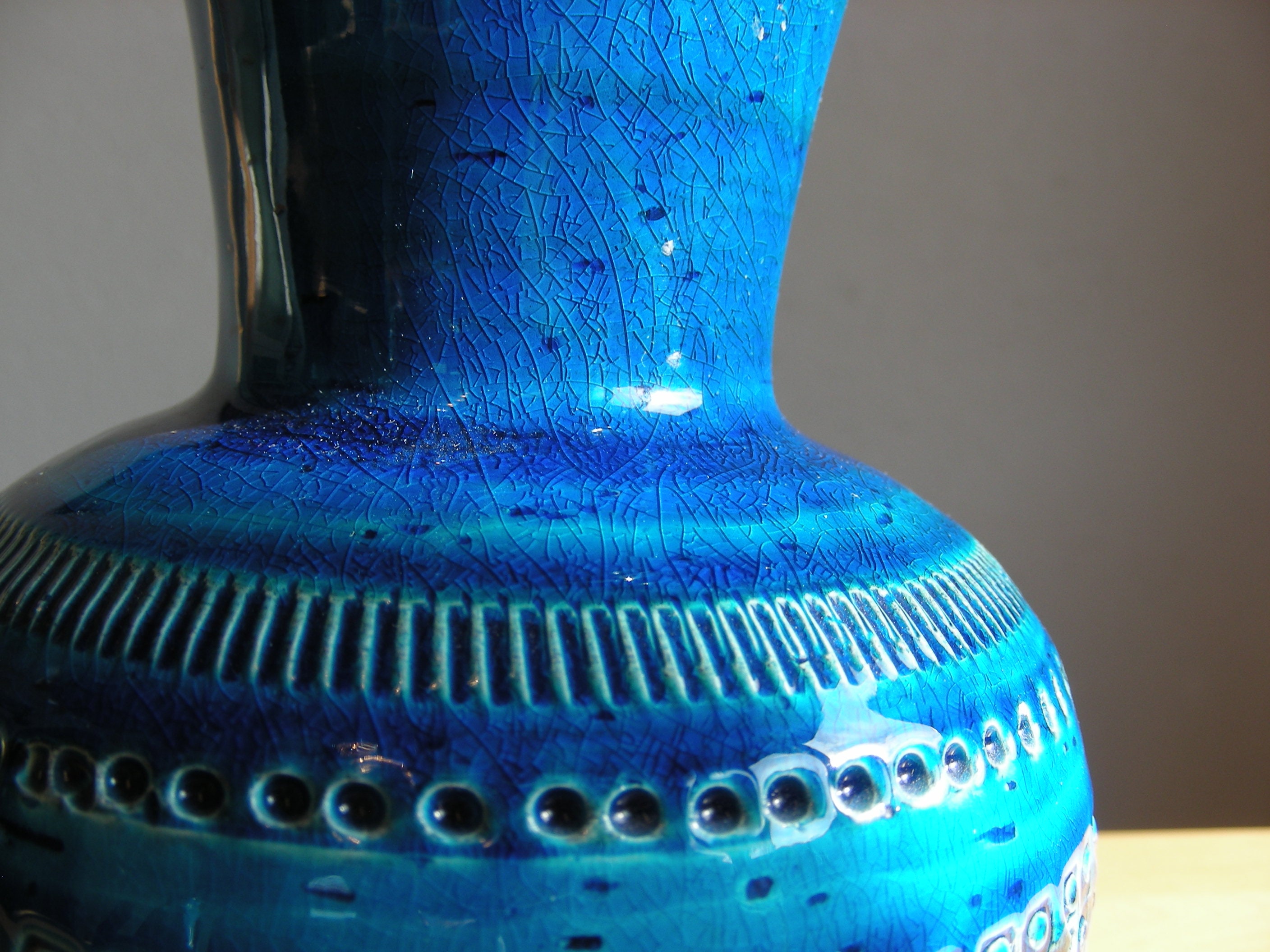 Bitossi vase, vintage round with long neck, Rimini Blue