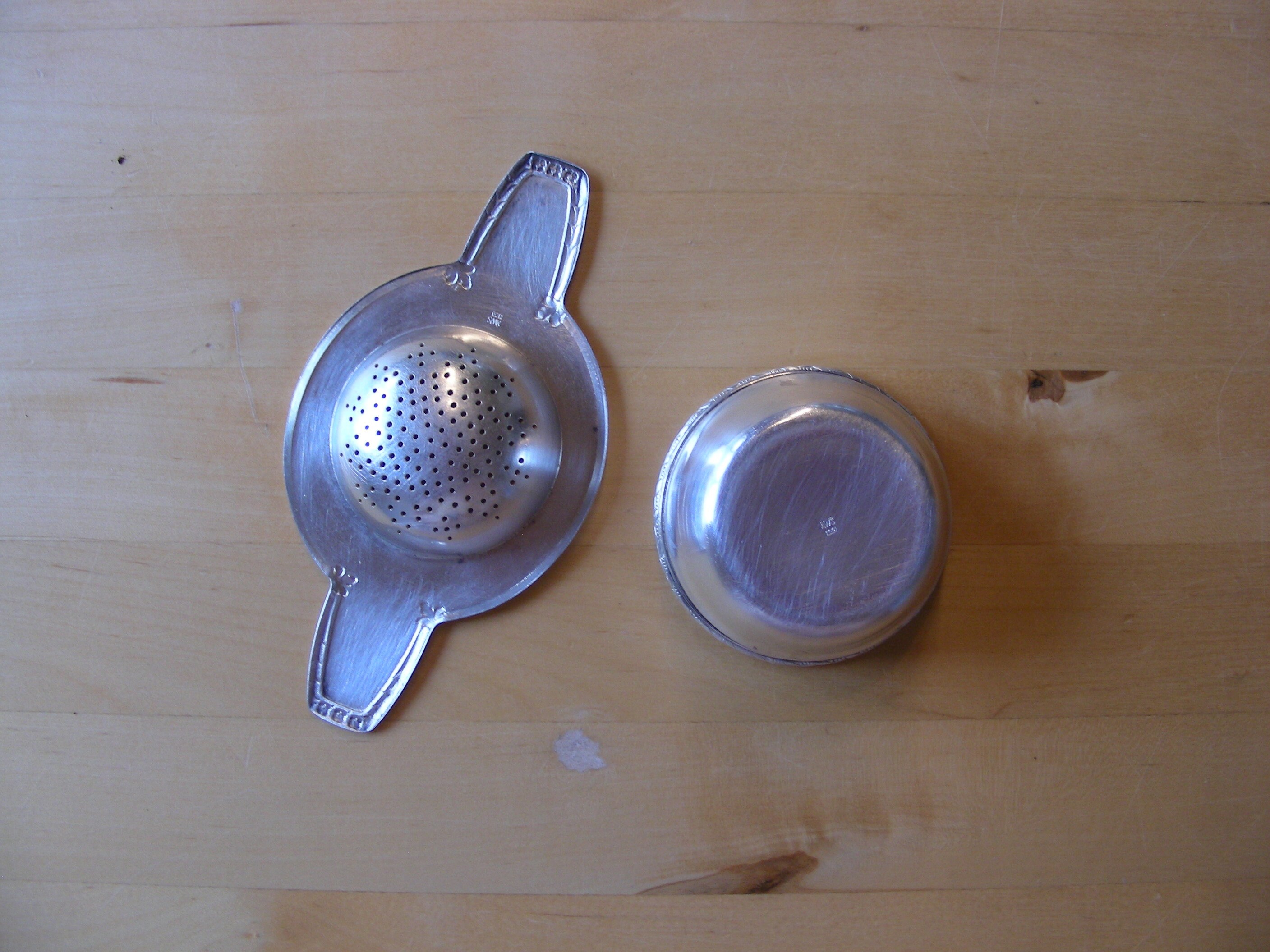 Vintage, double handled, tea strainer, tea sieve and rest