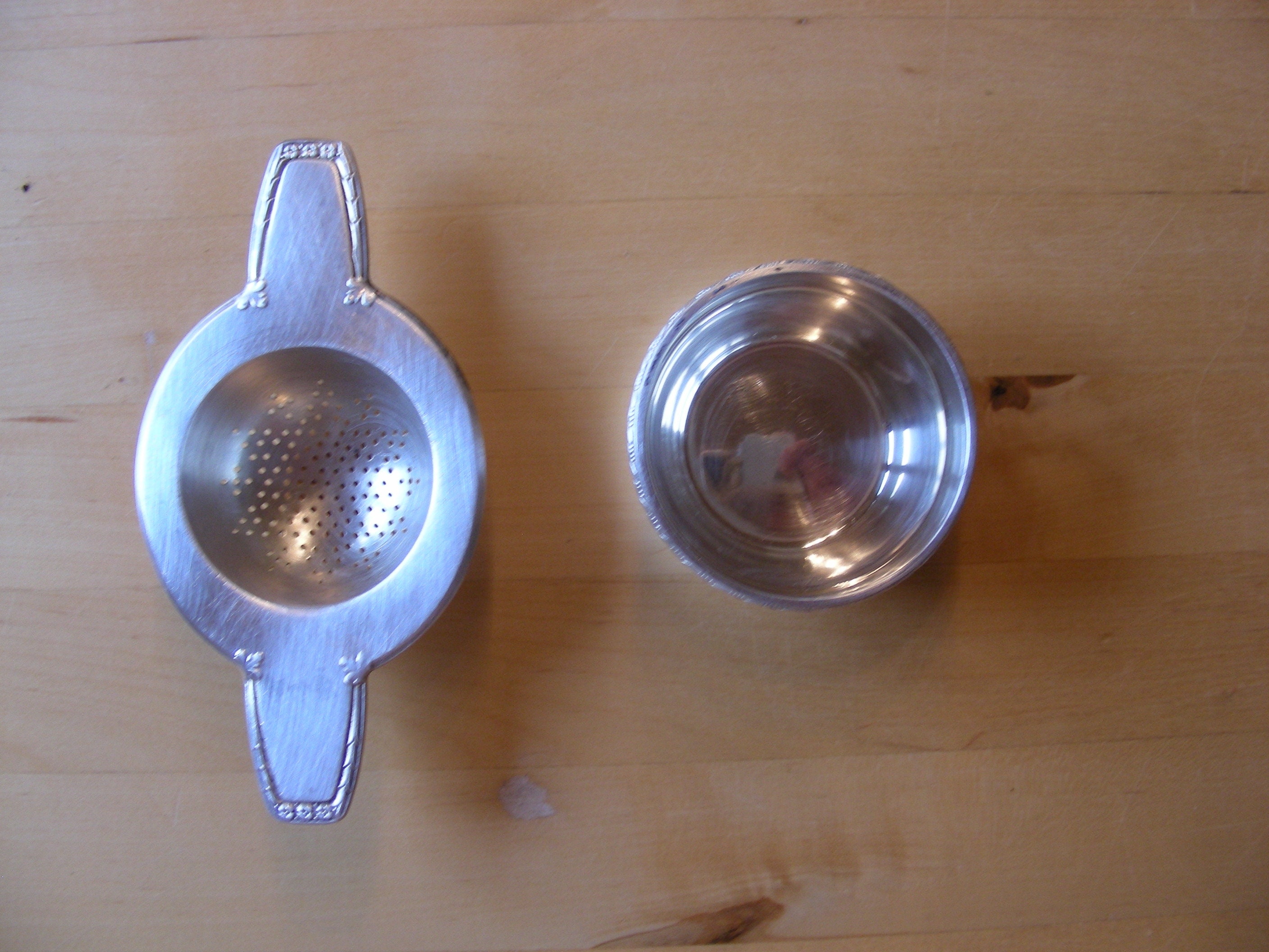 Vintage, double handled, tea strainer, tea sieve and rest