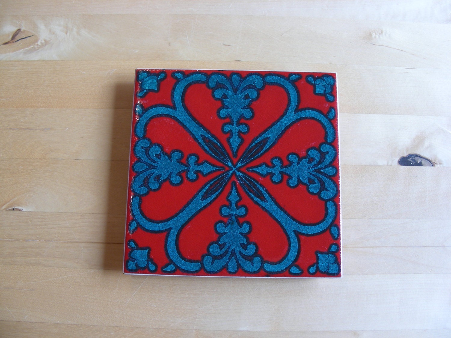 vintage tile trivet green and blue
