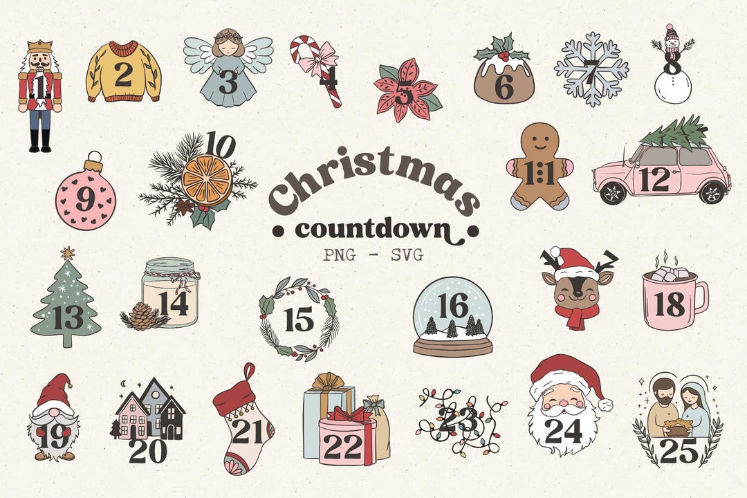 Vintage Christmas Countdown Png Retro Advent Calendar Svg Cute Bow ...
