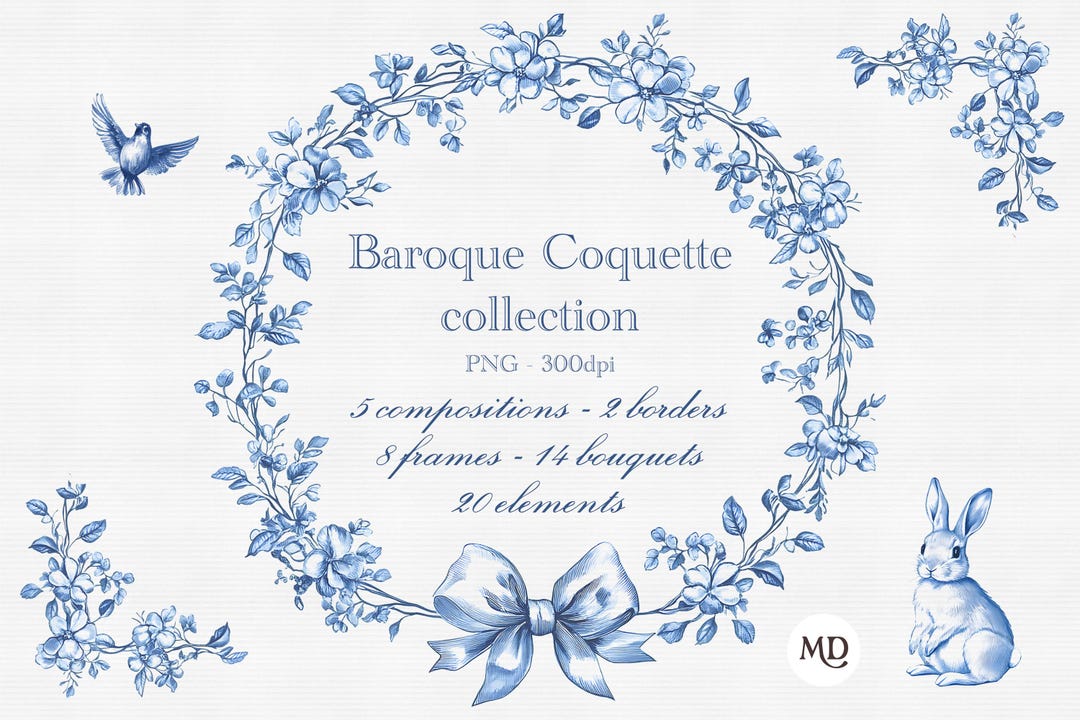 Blue Coquette Wedding Floral Frame Png Bundle Retro Chinoiserie Clipart ...