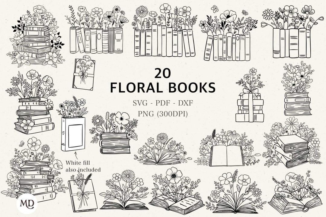 Floral Book SVG Clipart, Boho Bookish Line Art (png, Svg, Pdf) - Etsy