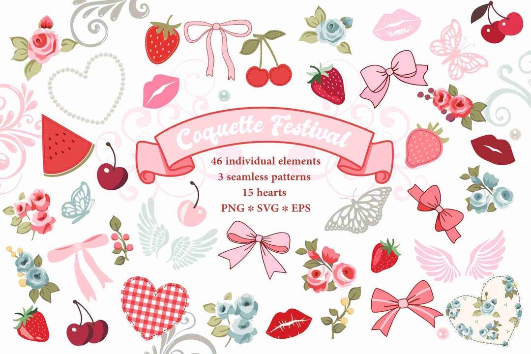 Coquette Clipart: Pink Bows, Strawberry, Roses (PNG, SVG, EPS) - Etsy