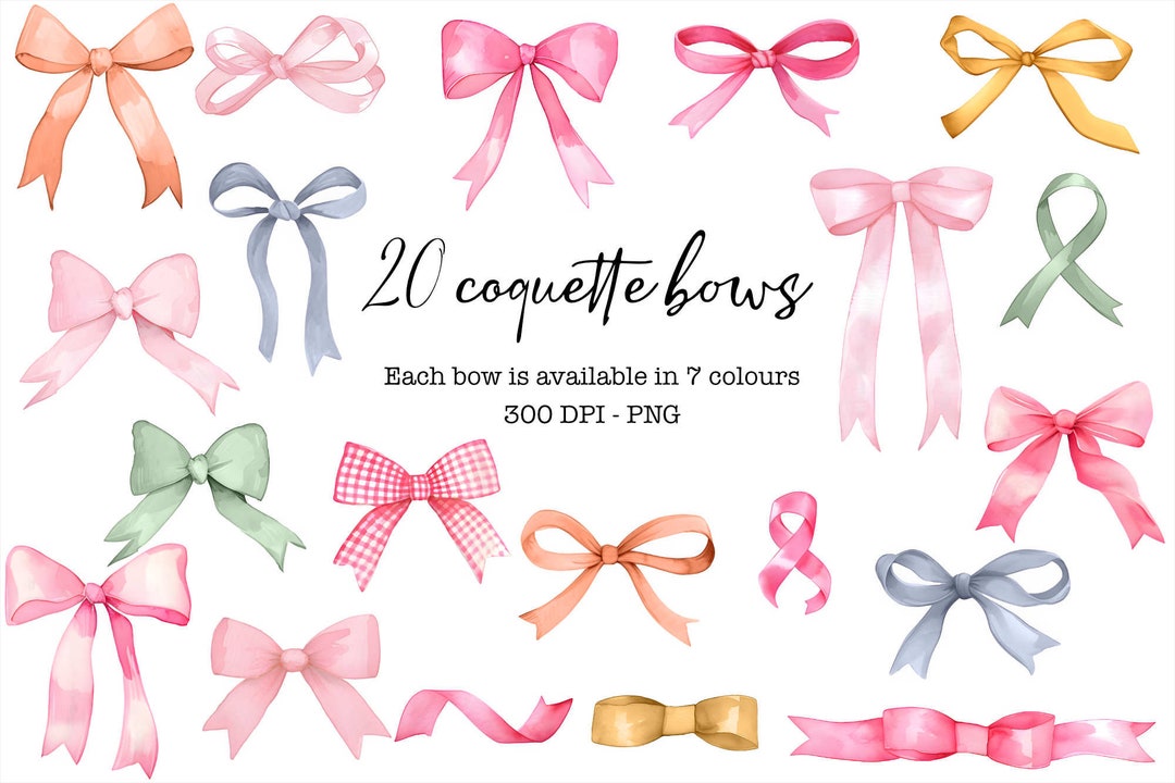 Watercolor Coquette Bows Clipart: Pink Ribbon Bundle (PNG) - Etsy