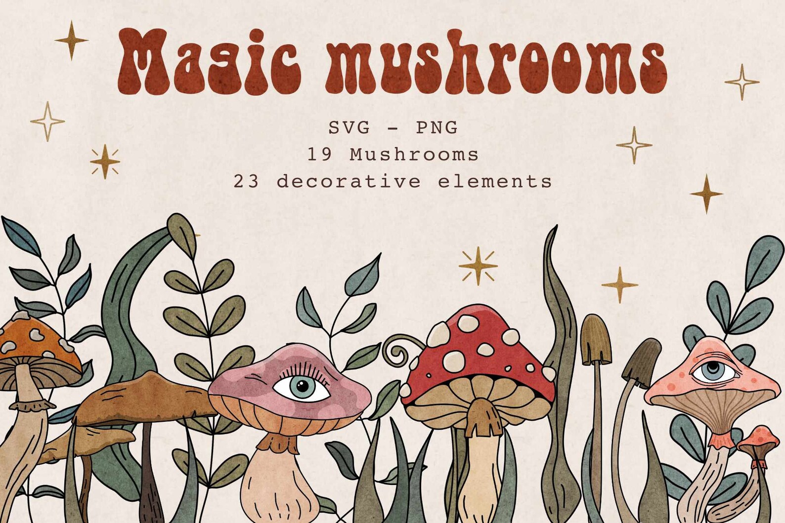 Boho Mushroom Svg Retro Mushrooms Svg Magic Mushroom Clipart 70s Png ...