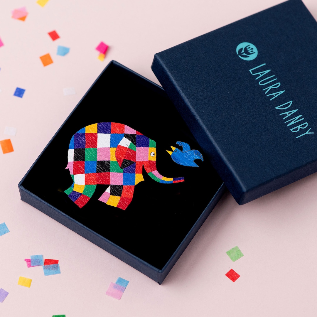 Elmer the Elephant Brooch, Cherry Wood Animal Pin Badge, Children's ...