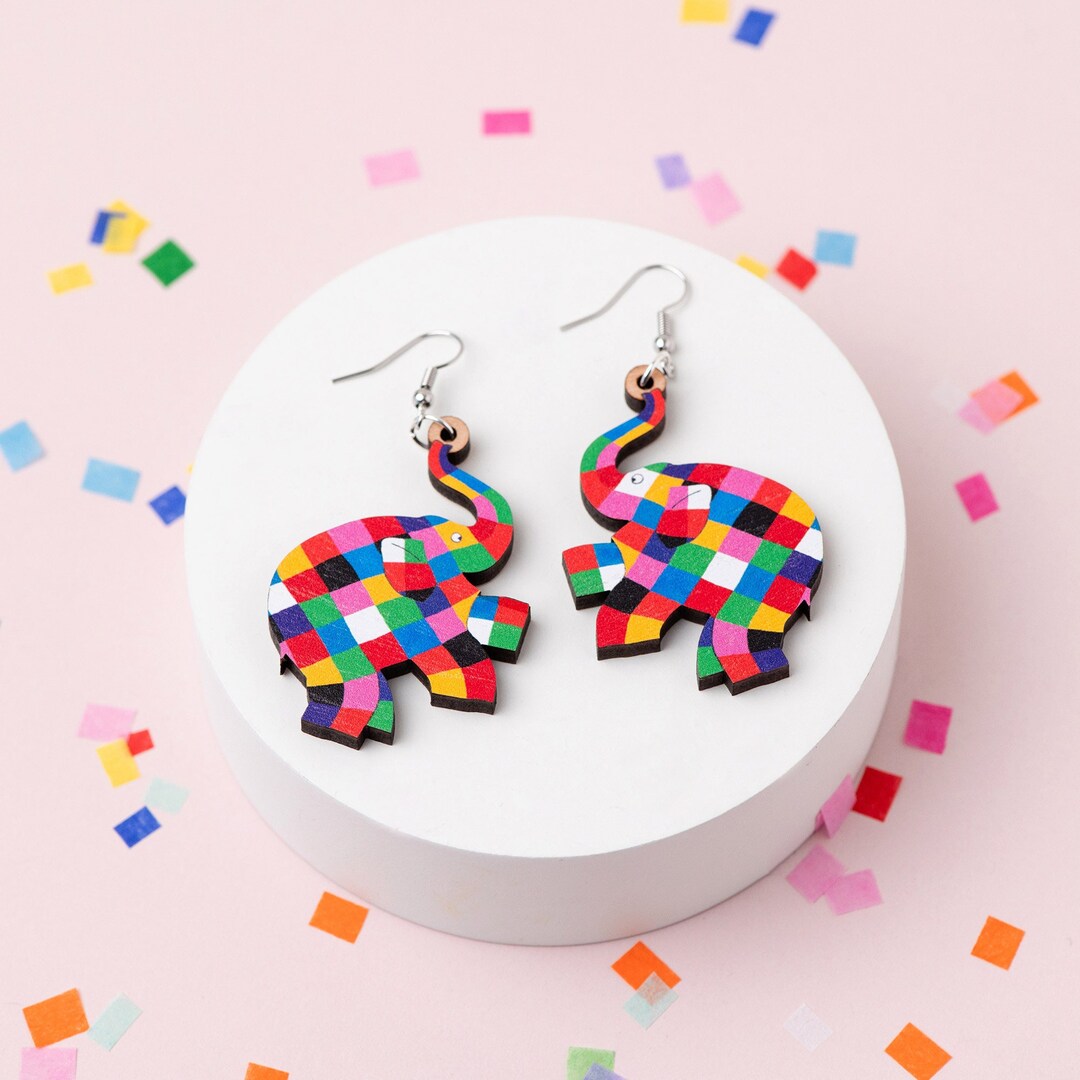 Elmer the Elephant Earrings: Cherry Wood Dangle Drop, Official Children ...
