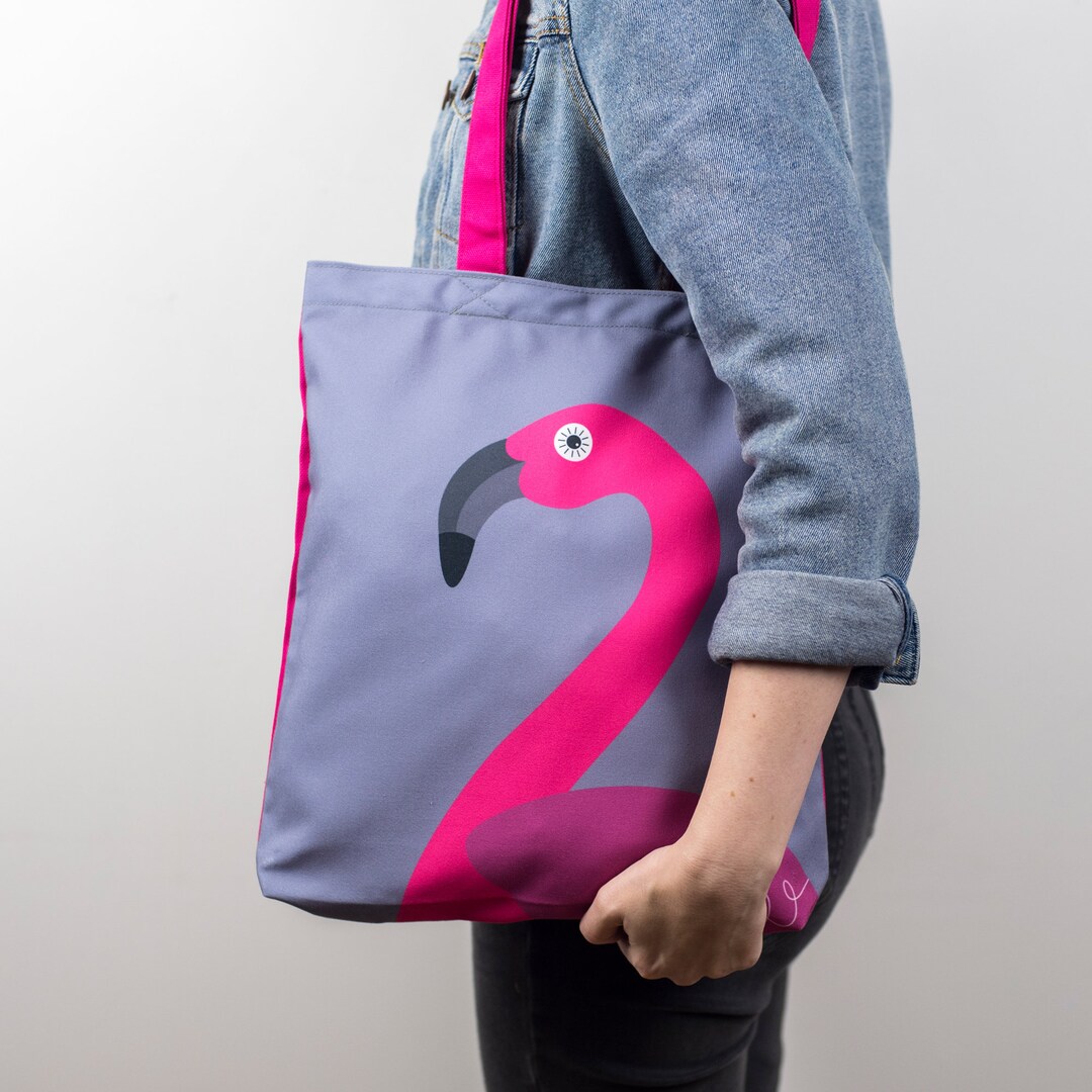 Pink Flamingo Canvas Tote Bag: Scandinavian Style Handmade Shopping Bag ...