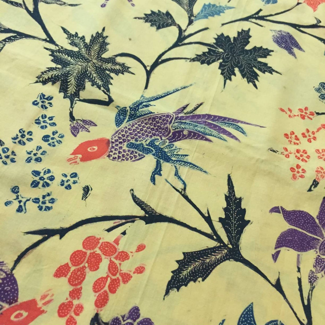 Vintage Indonesian Hand Drawn Batik in Yellow with Flora and | Etsy