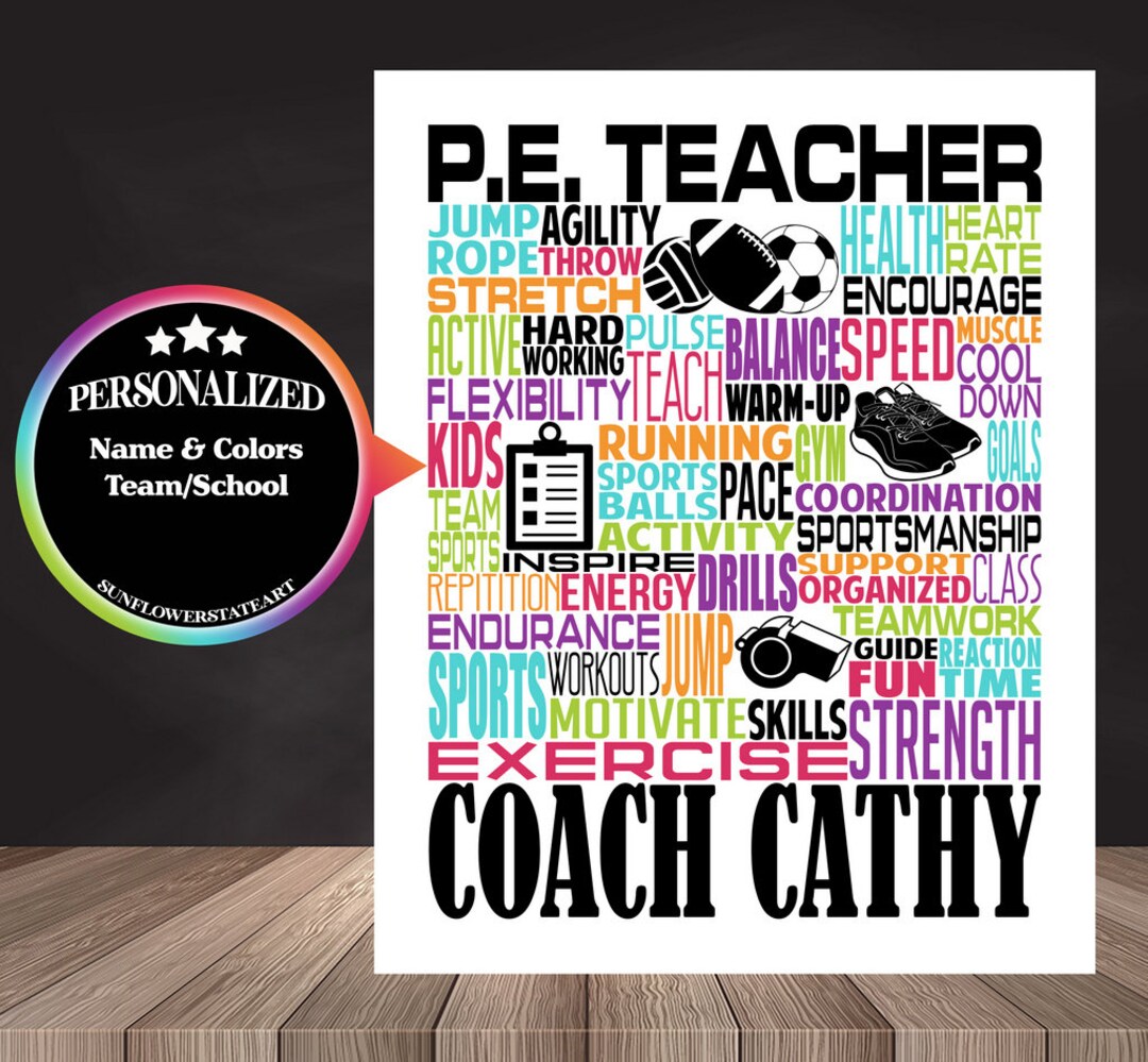 P.E. Teacher Poster, Personalized P.E. Teacher Word Art, Phys Ed ...