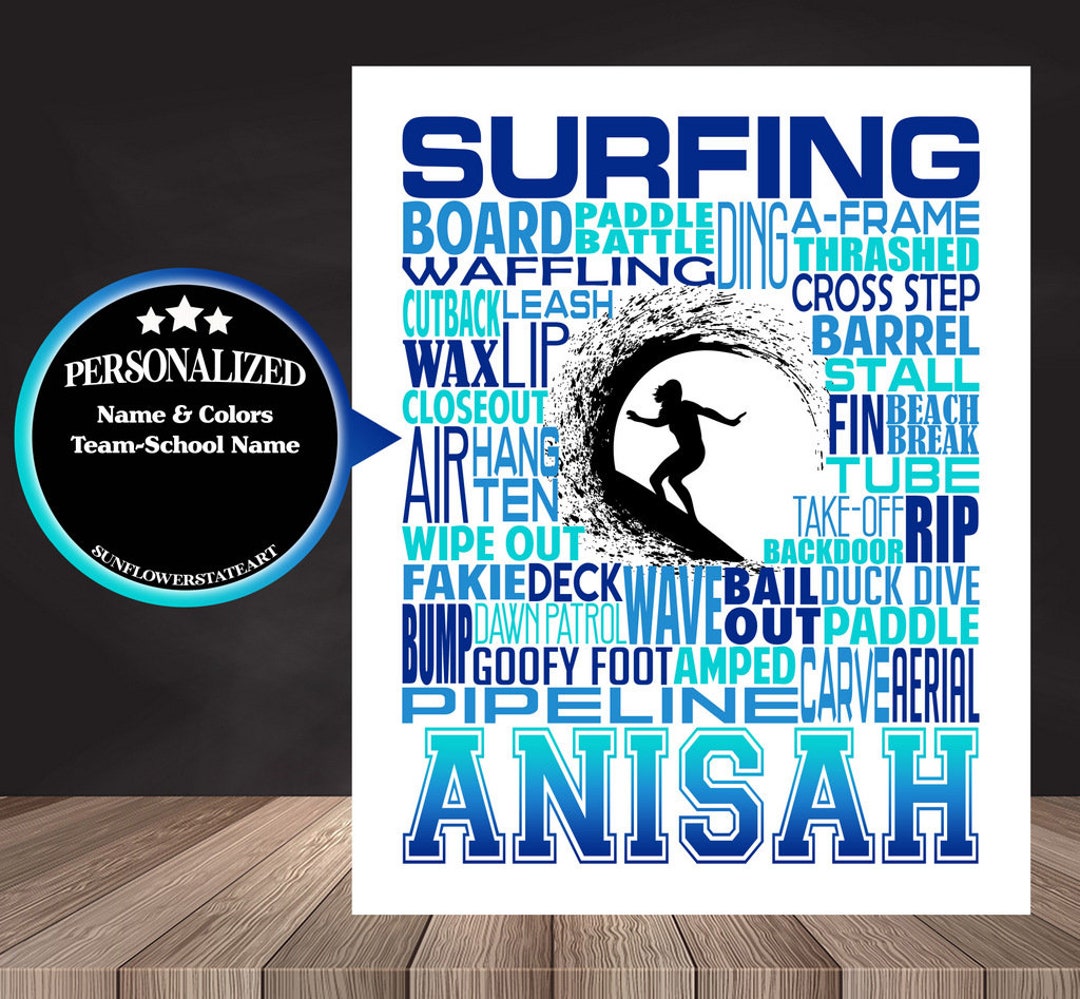 Surfing Poster, Surfer Word Art Sign, Personalized Surfer Poster, Gift ...