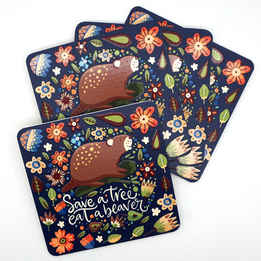 Save a Tree, Eat a Beaver Folk Art Style Coasters, Set of 4 - Etsy