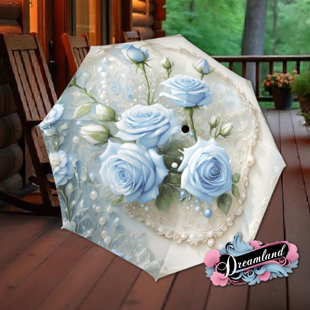 Pearls Blue Roses Umbrella Flower Floral Victorian Style Printed Faux ...