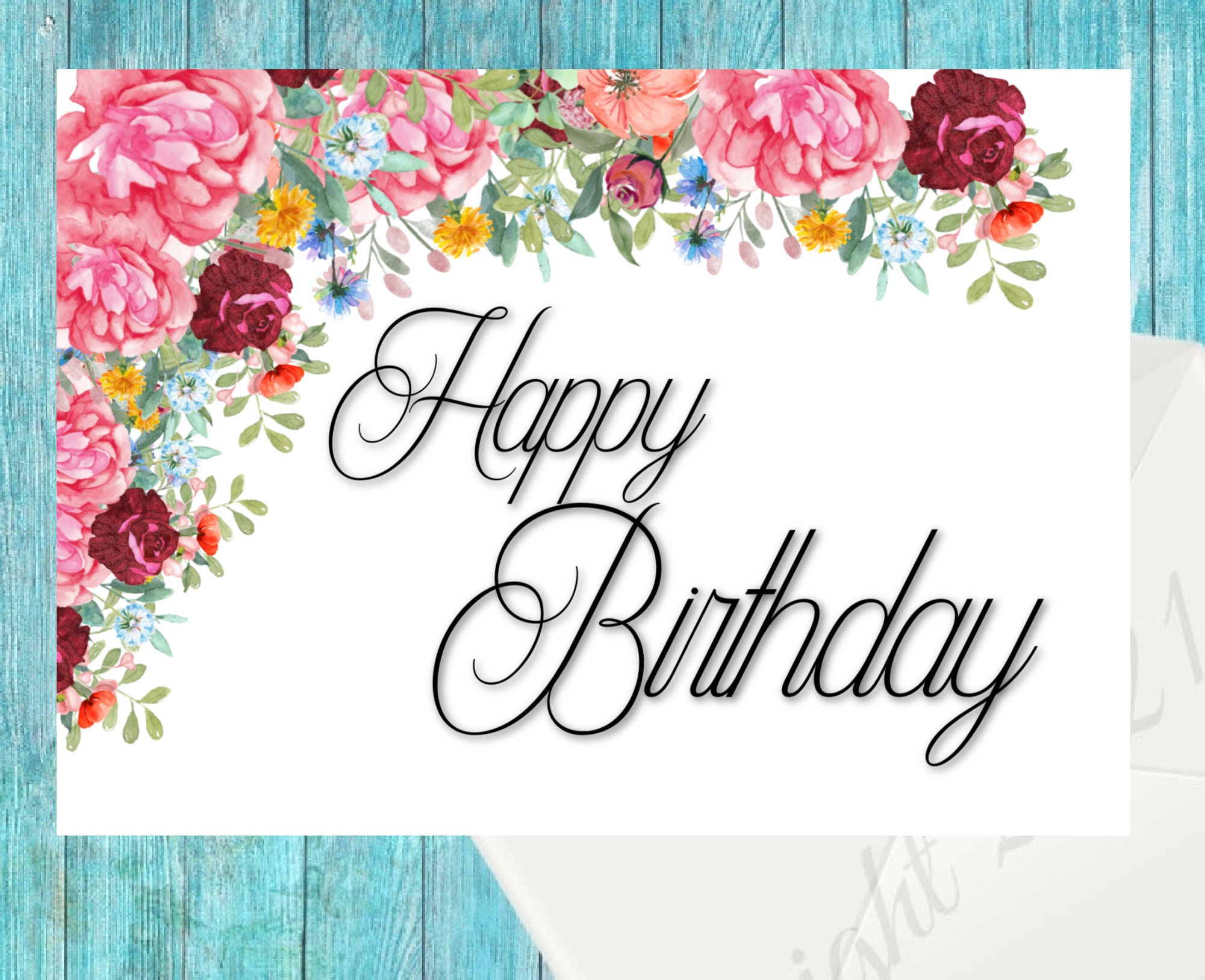 Card Happy Birthday Floral Greeting Printable Card Instant | Etsy