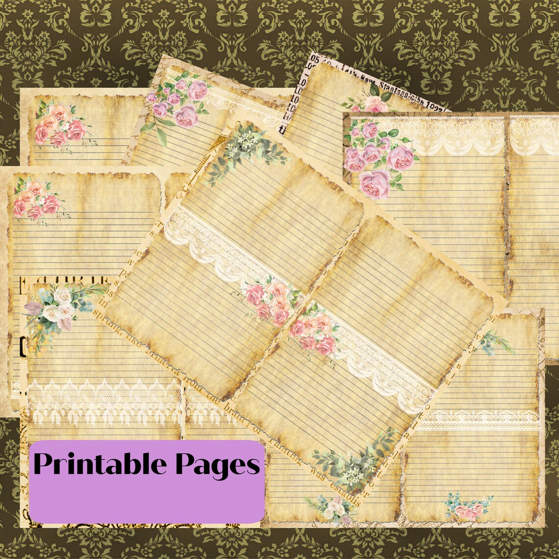 Shabby Journal Pages Vintage Printable Lace Roses Lined 5 X 7 - Etsy