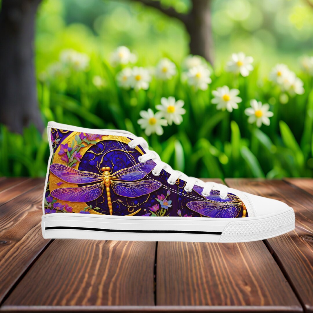 Purple Women's High Top Sneakers Dragonfly Moon Witchy Celestial Stars ...