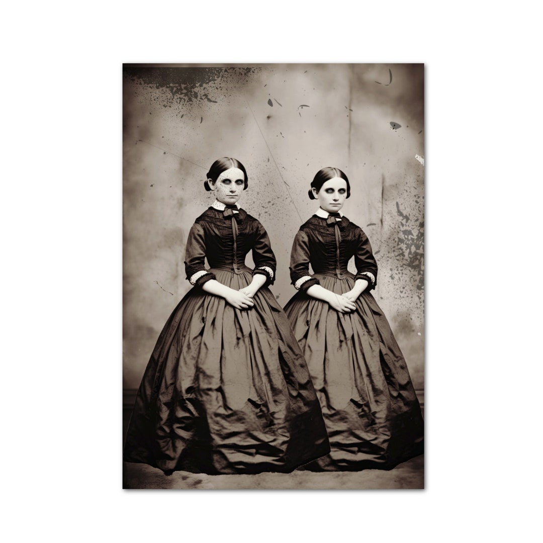 Creepy Twin Sisters Victorian Black Eyed Ghost Women Vintage Horror ...