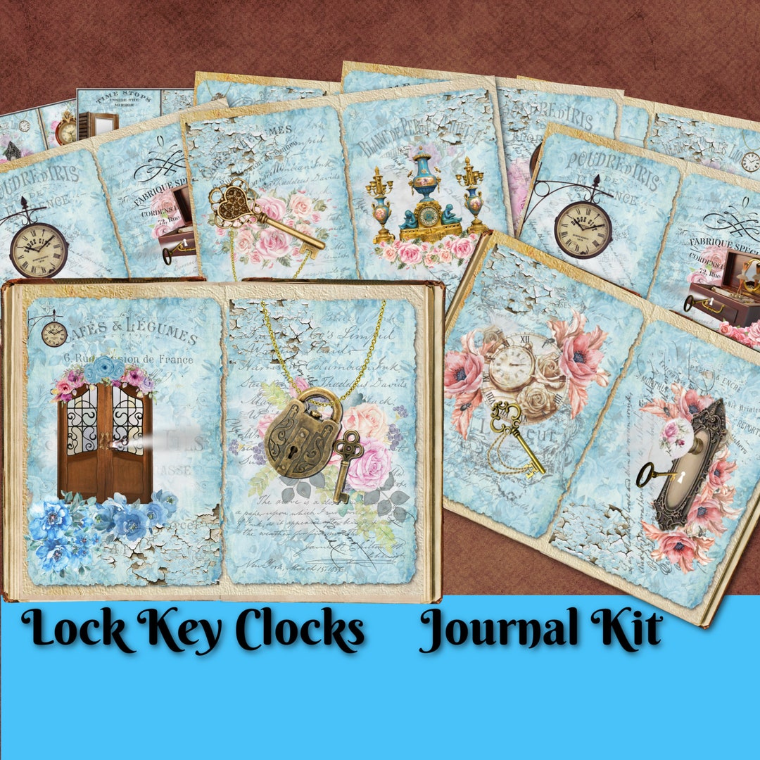 Junk Journal Pages Lock Key Printable Vintage Clocks and Roses Lined ...