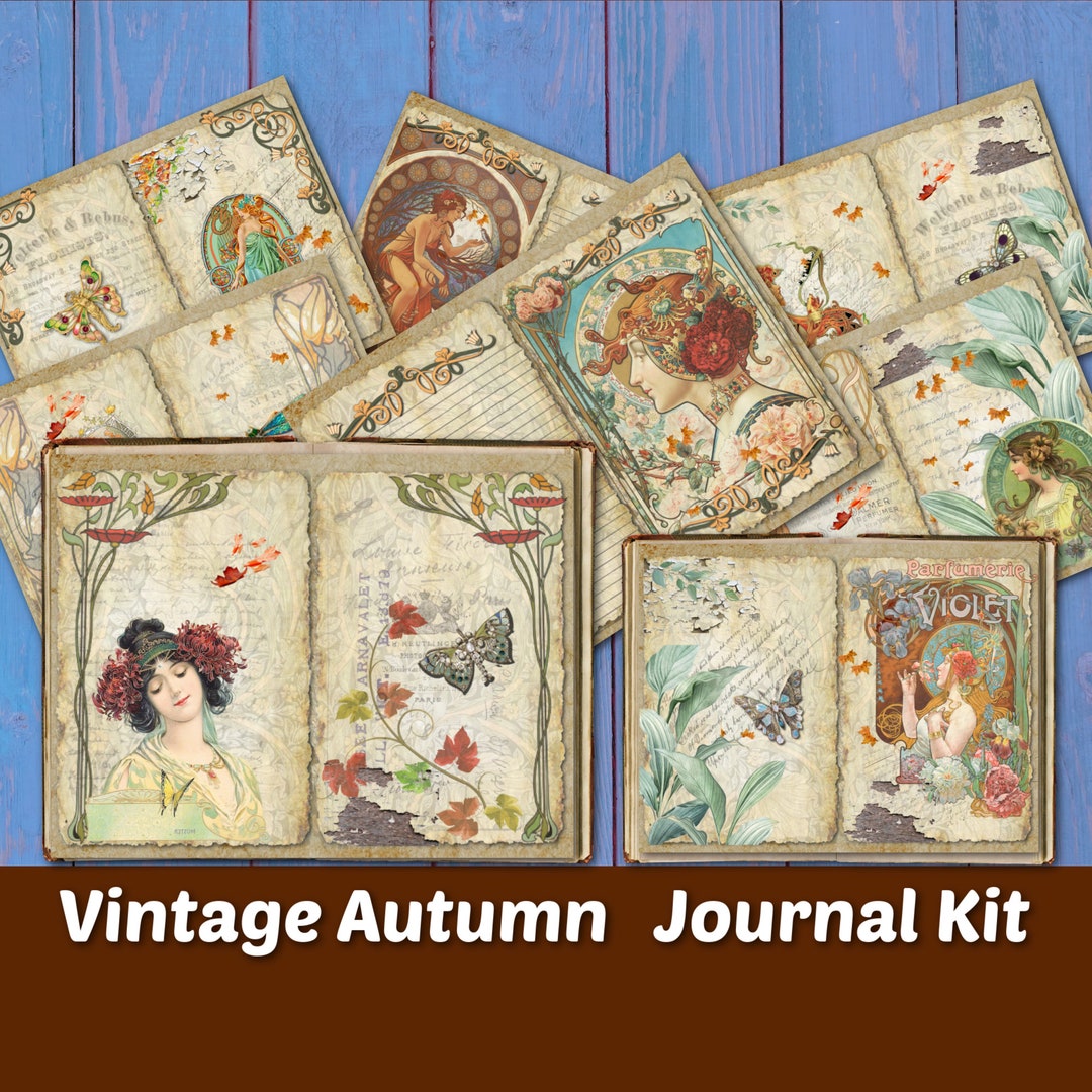 Vintage Autumn Junk Journal Printable Kit Art Nouveau Lined Fall Pages ...