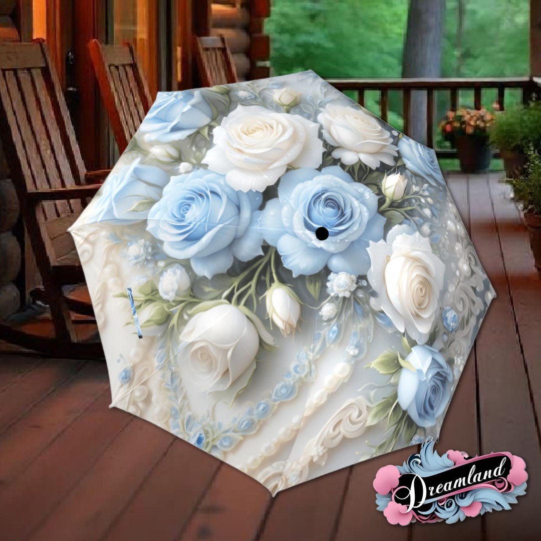 Blue Roses Umbrella Flower Floral Victorian Style Printed Faux Lsce ...