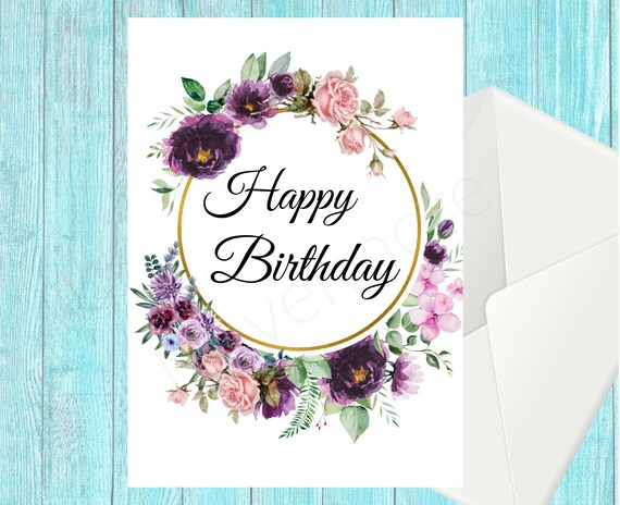 Purple Floral Greeting Card Happy Birthday Printable Instant | Etsy