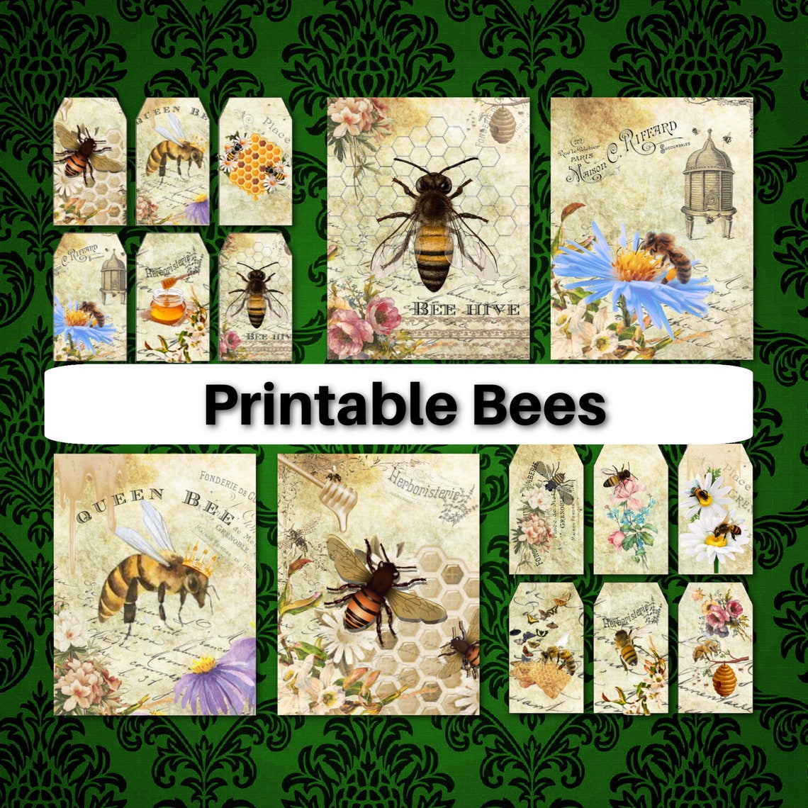 Printable Bees Vintage Ephemera Tags Junk Journal Cards - Etsy