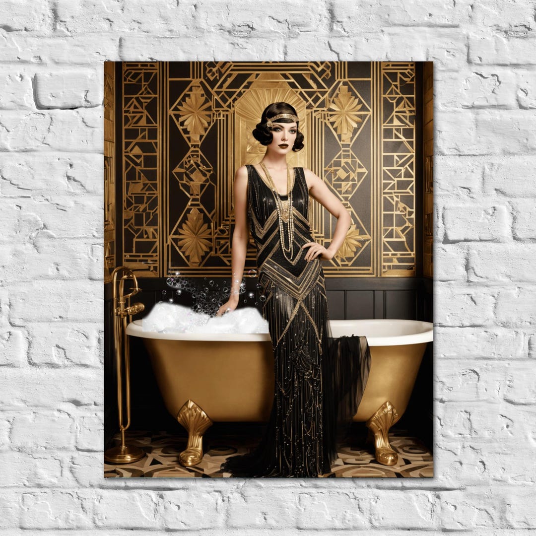 Gold Art Deco Bathroom Wall Art Print Gatsby Girl Speakeasy Poster ...