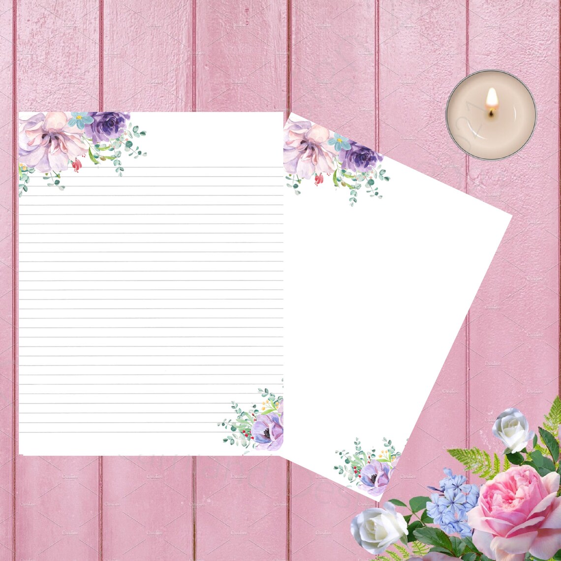 Printable Floral Stationary Purple Blank Digital Writing Paper - Etsy