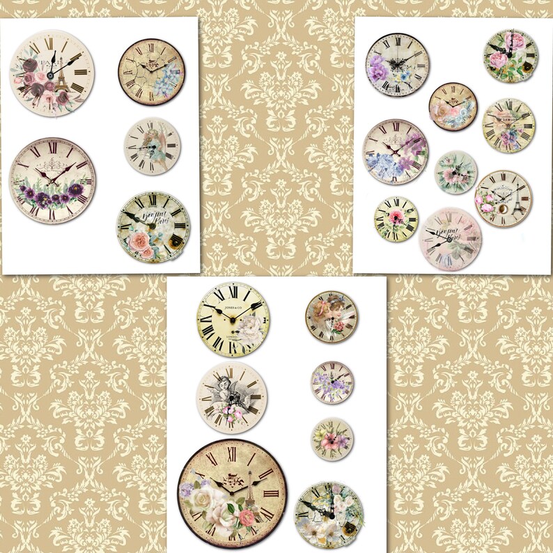 Printable Clock Faces Junk Journal Supply Paris Angel and Roses Vintage ...