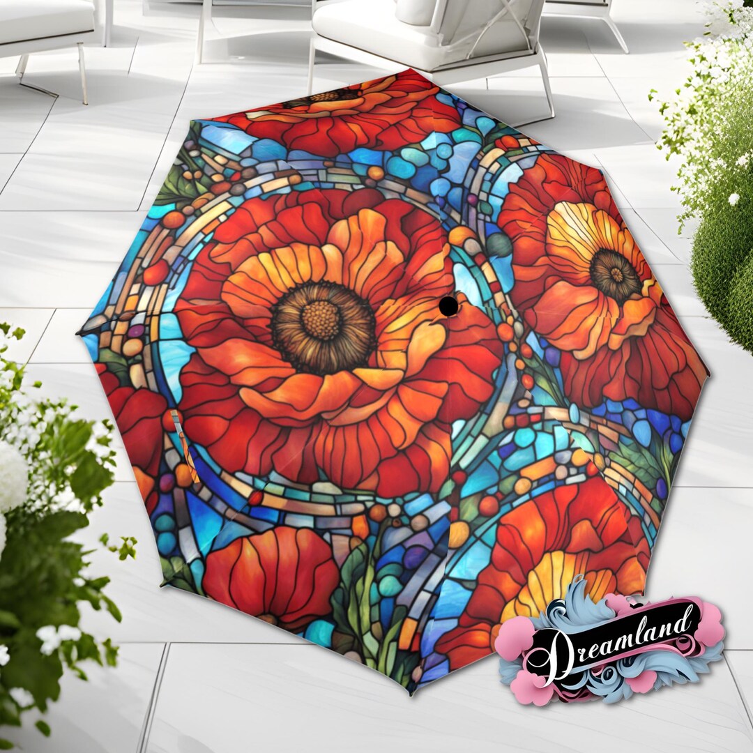 Red Poppy Floral Umbrella Romantic Floral Blossoms Faux Stained Glass ...