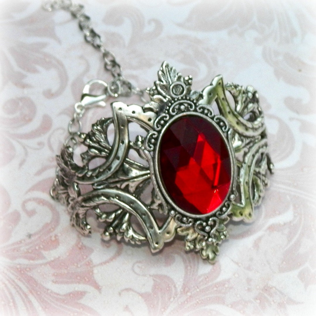 Victorian Bracelet Ruby Red Gothic Silver Cuff Wide Goth Victorian ...