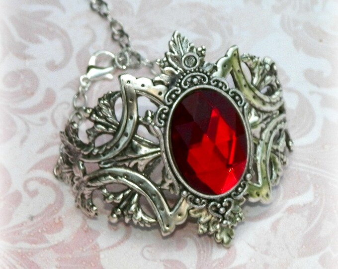 Victorian Bracelet Ruby Red Gothic Silver Cuff Wide Goth - Etsy
