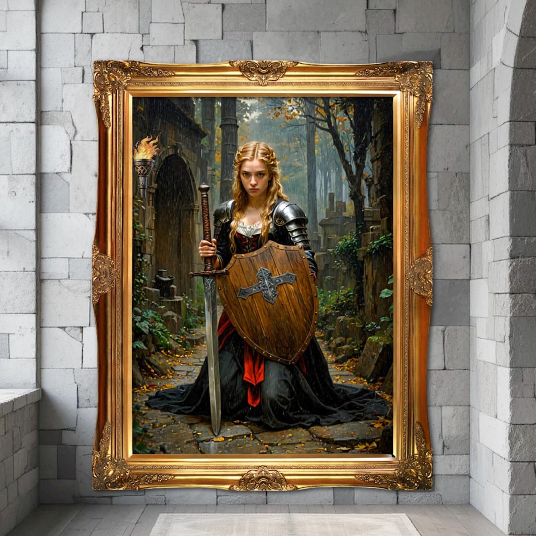Lady Knight Art Painting Print Medieval Warrior Lady Sword Dark ...