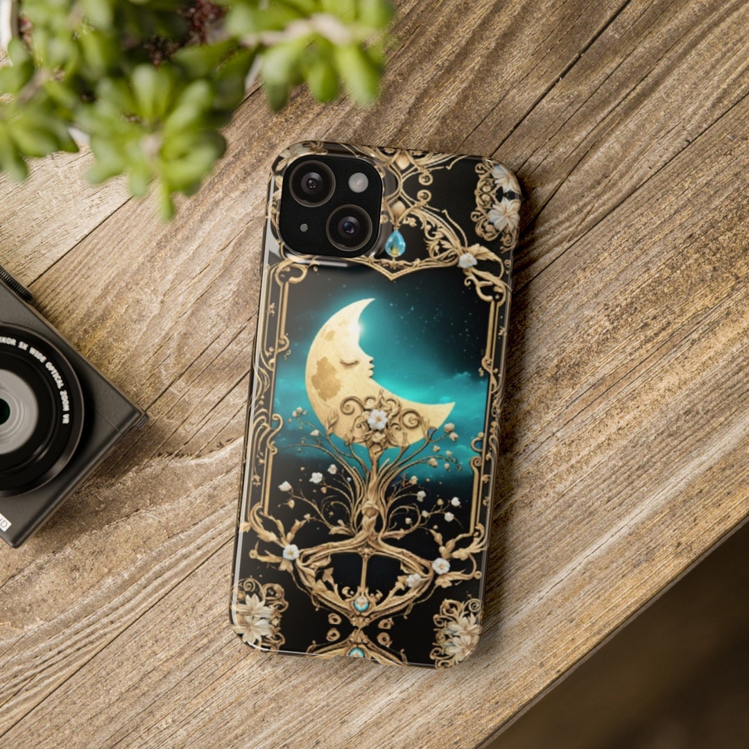 Crescent Moon Phone Case Art Nouveau Inspired Gold Trim Celestial Retro ...