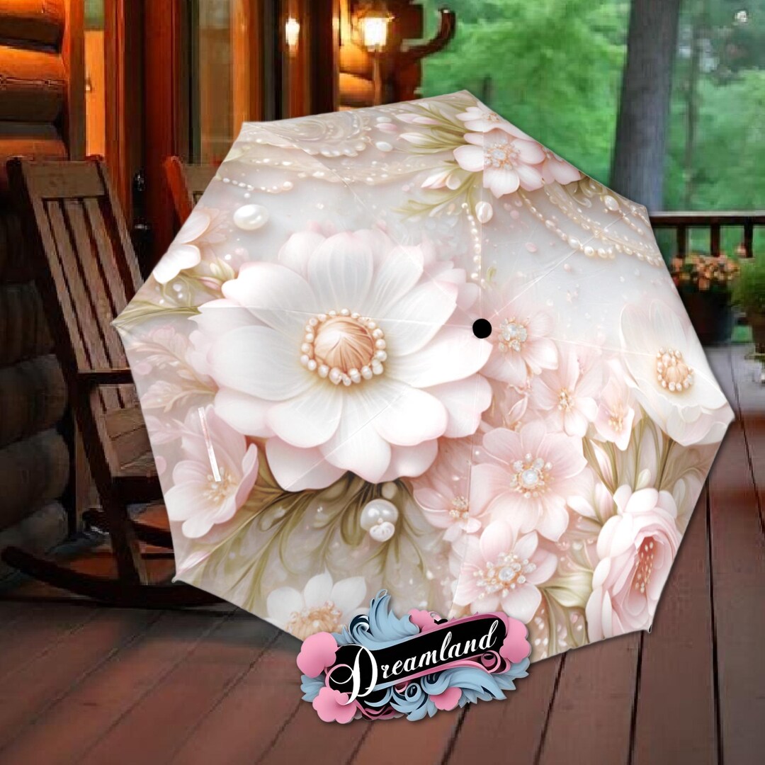 Pink White Flower Unique Umbrella Flower Art Nouveau Style Printed Faux ...
