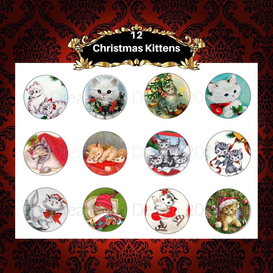 Christmas Kittens Cats Circles Vintage Retro Printable for 2.5 - Etsy