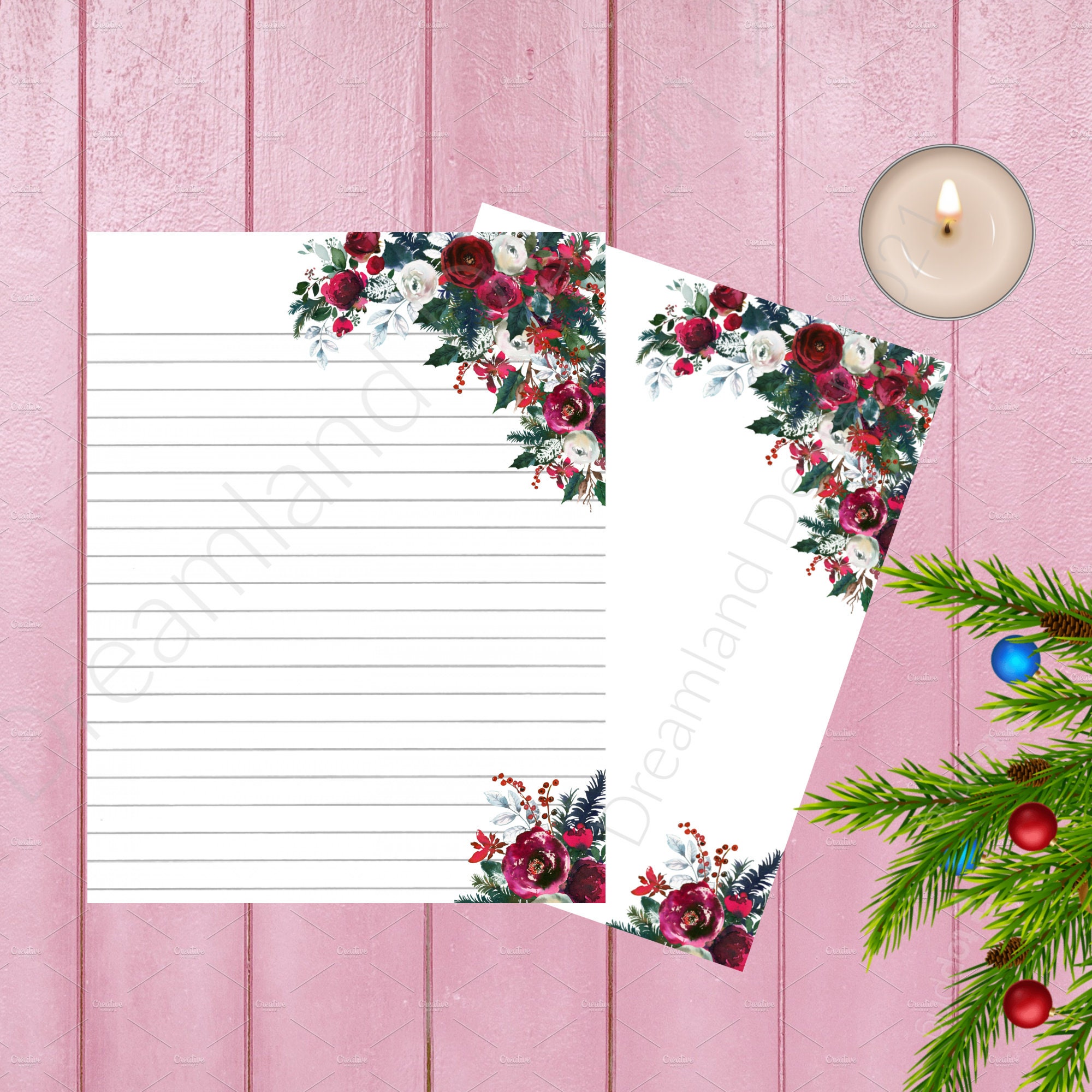 Printable Christmas Stationary Blank Digital Writing Paper Red White ...
