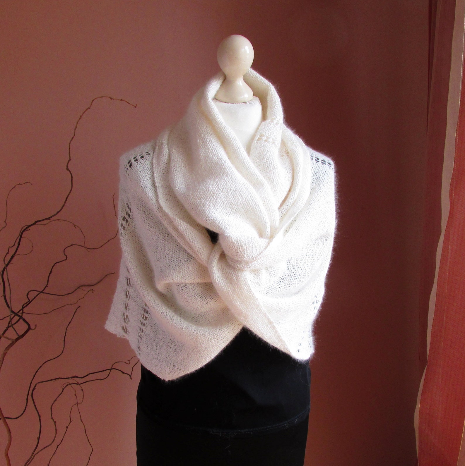 Handwoven Wrap Shawl Angora and Silk White Womens Large Scarf Handmade ...