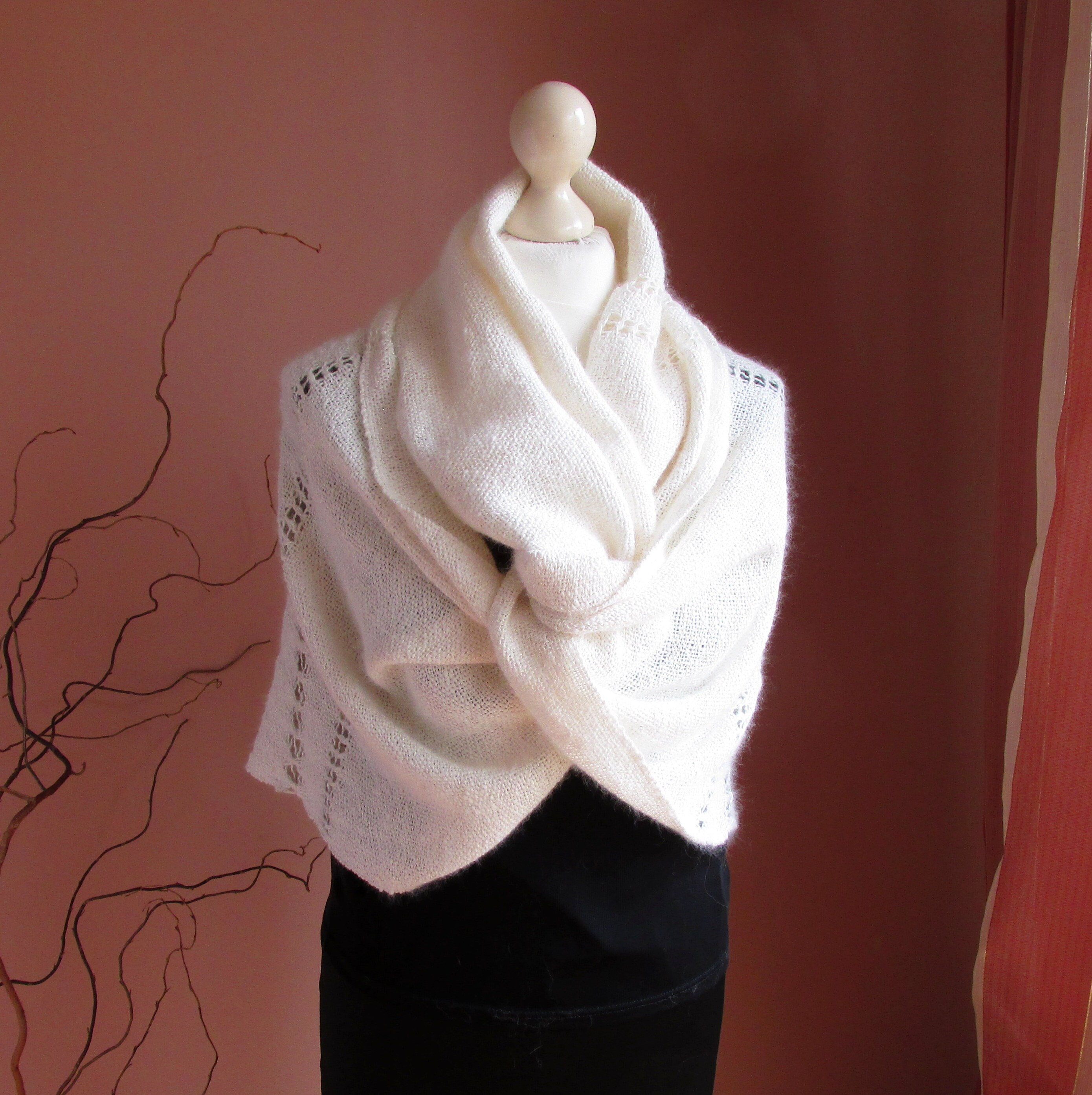 Handwoven Wrap Shawl Angora and Silk White Womens Large Scarf Handmade ...