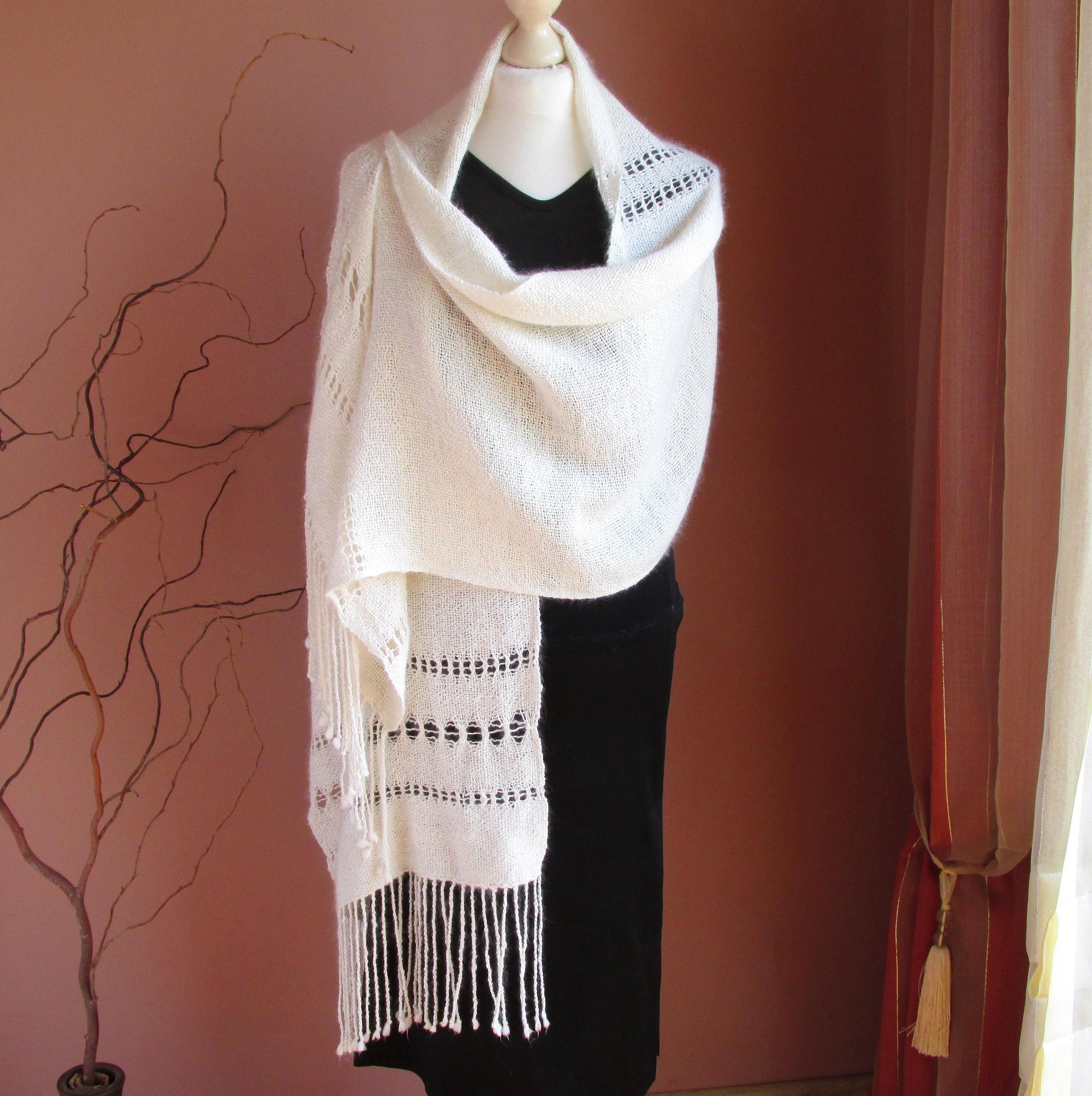 Handwoven Wrap Shawl Angora and Silk White Womens Large Scarf Handmade ...